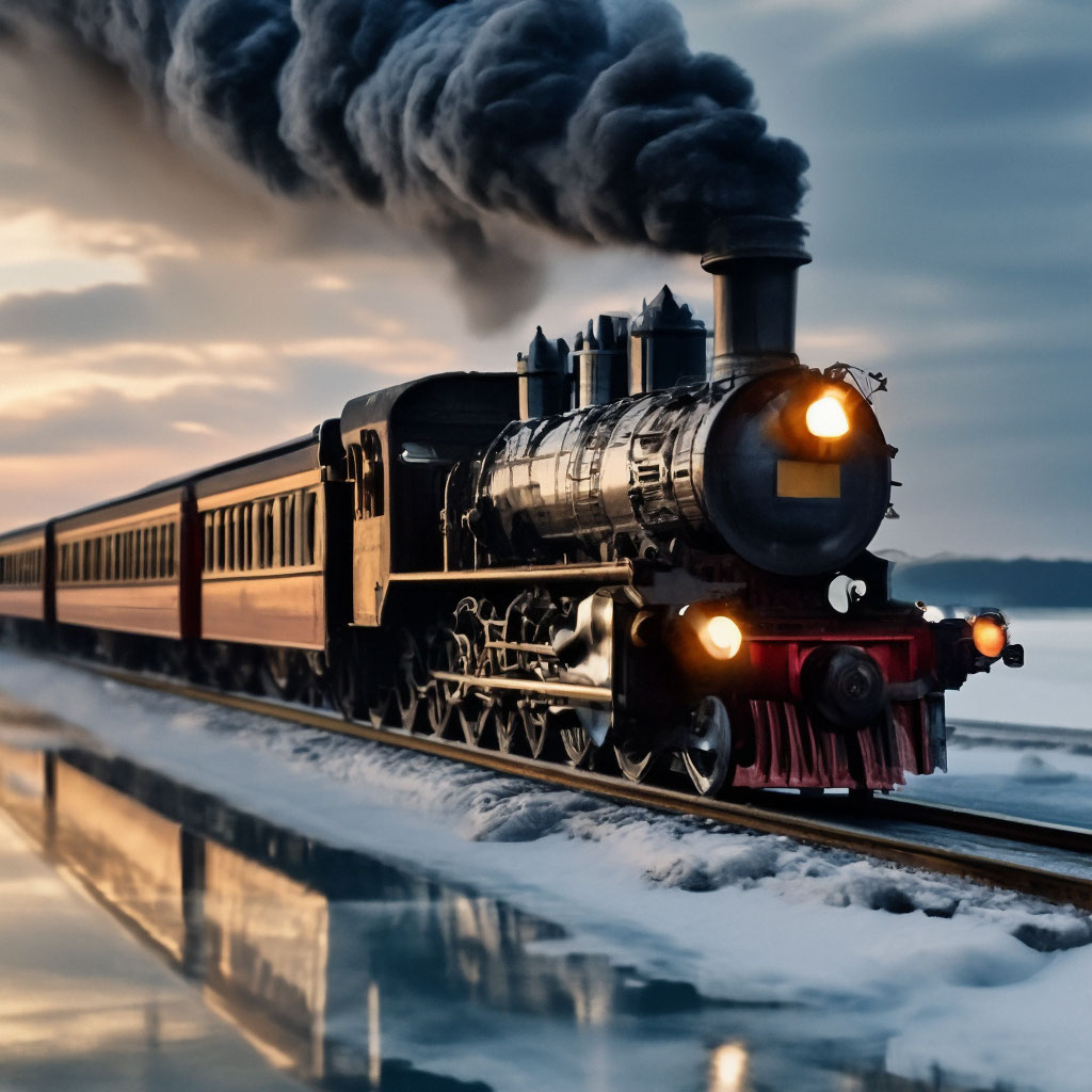 "On a frozen lake, a steam locomotive passes, aesthetically pleasing ...