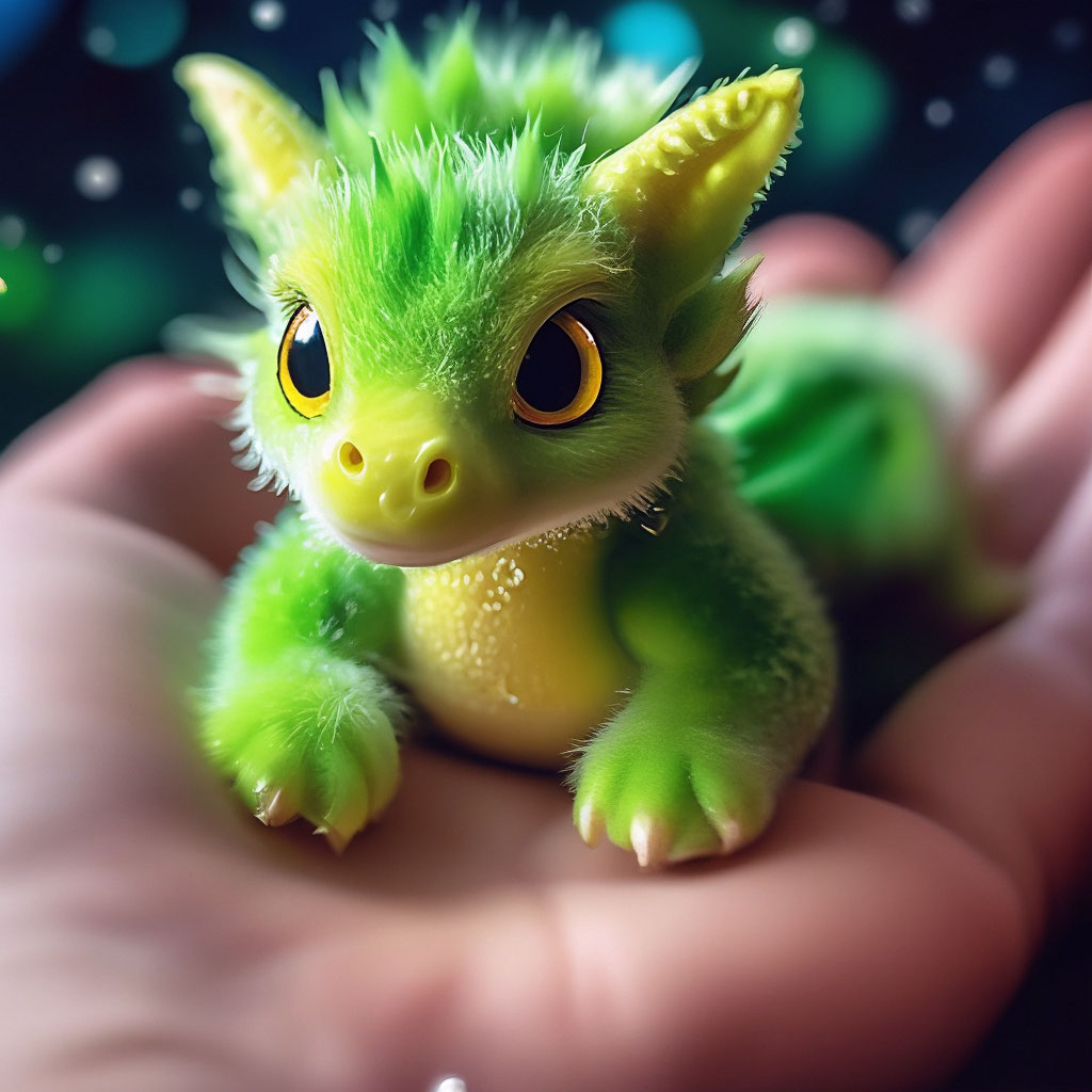 "A small fluffy green dragon with yellow eyes with fluff, in the palm ...