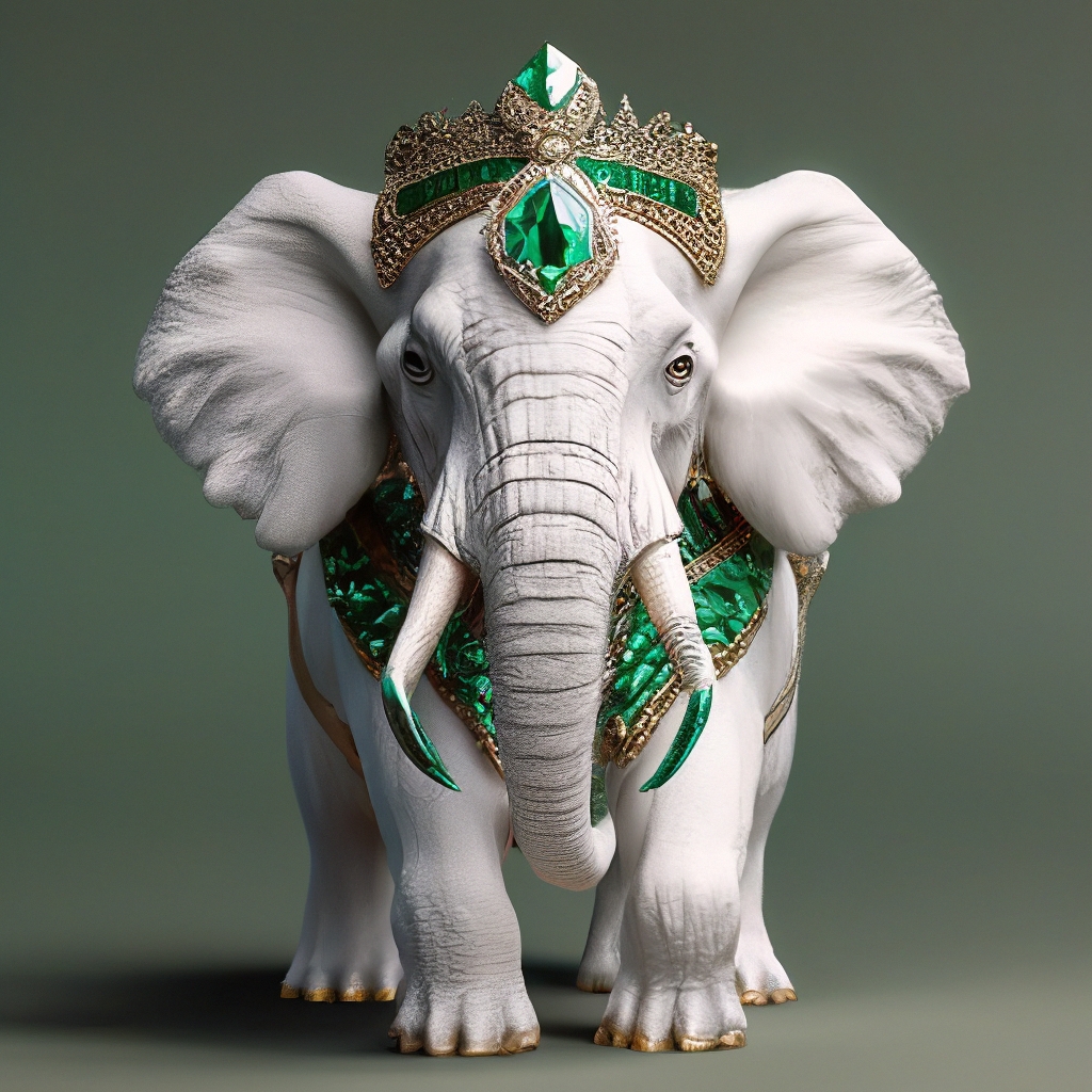 "White elephant with an emerald crown on his head without teeth realism ...