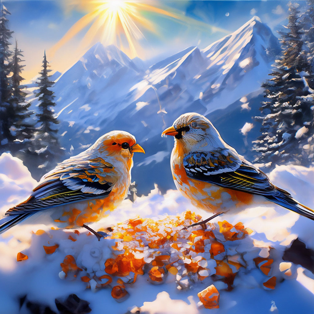 "The sun, glare, birds in the snow eat mountain ash remotely ...