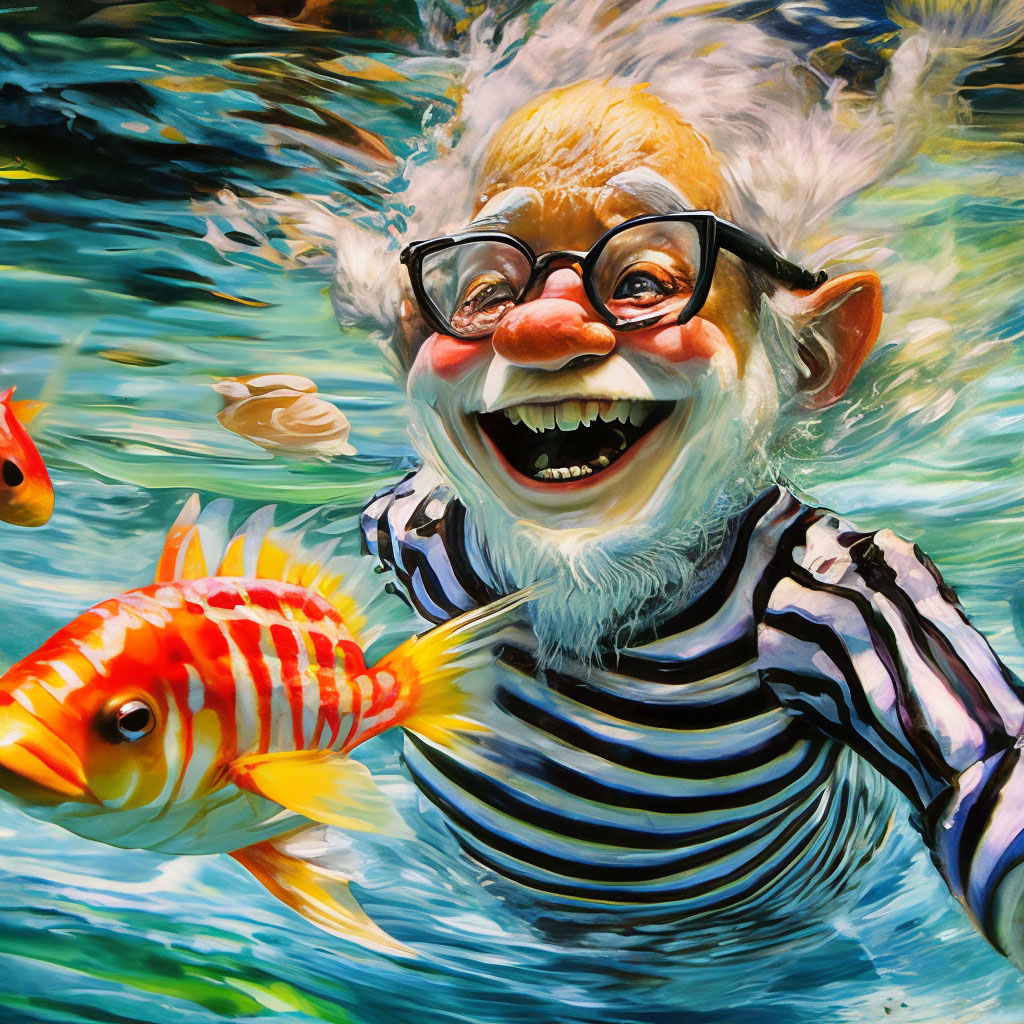 "錦鯉 a dwarf goes swimming in a striped swimsuit, fish laugh in the ...