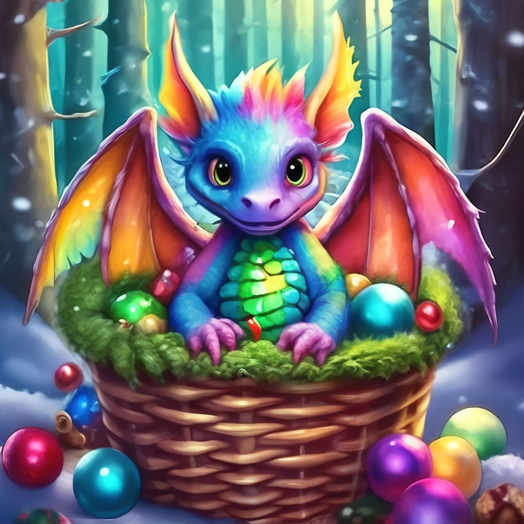 "Forest colorful rainbow cute crypt dragon with wings, detailed ...