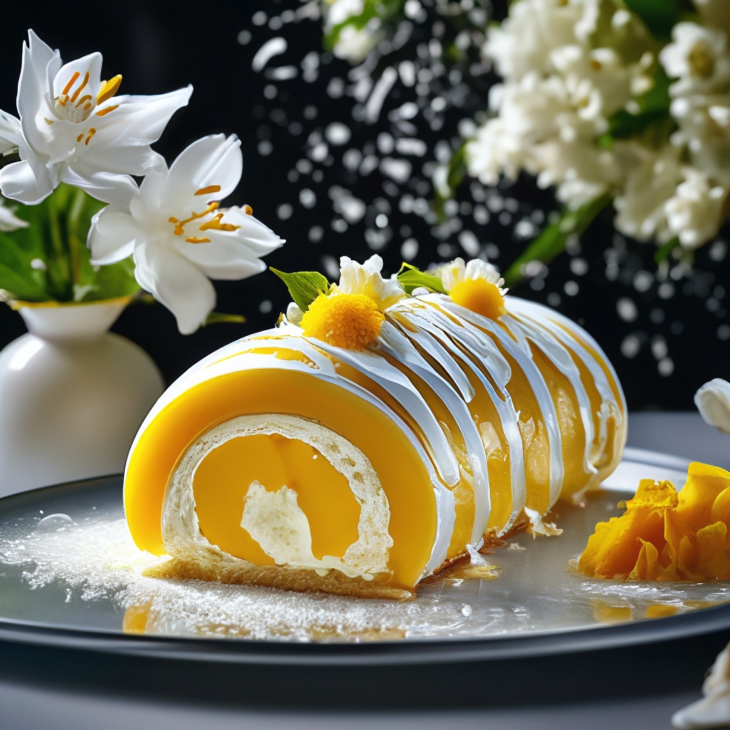 "Elegant Mango-cream cheese roll is watered with foodstyle mirror glaze ...
