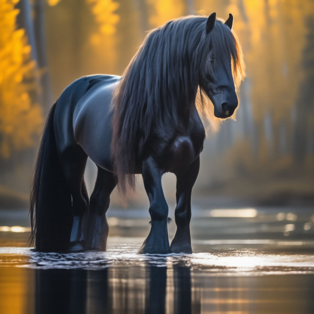 "Mega realistic photo, mega clarity, black powerful stallion ,huge tail ...