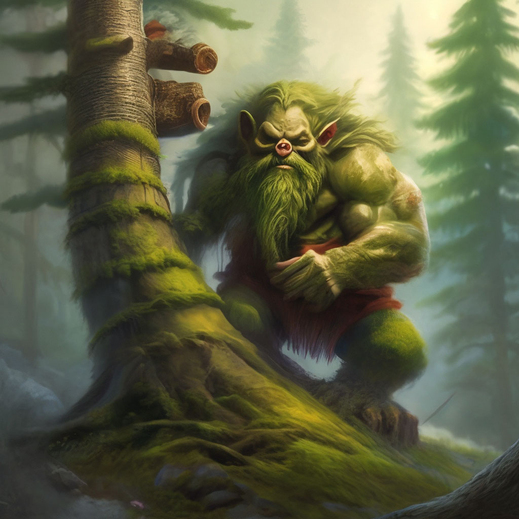"A troll bends a fir tree" — image created in Shedevrum