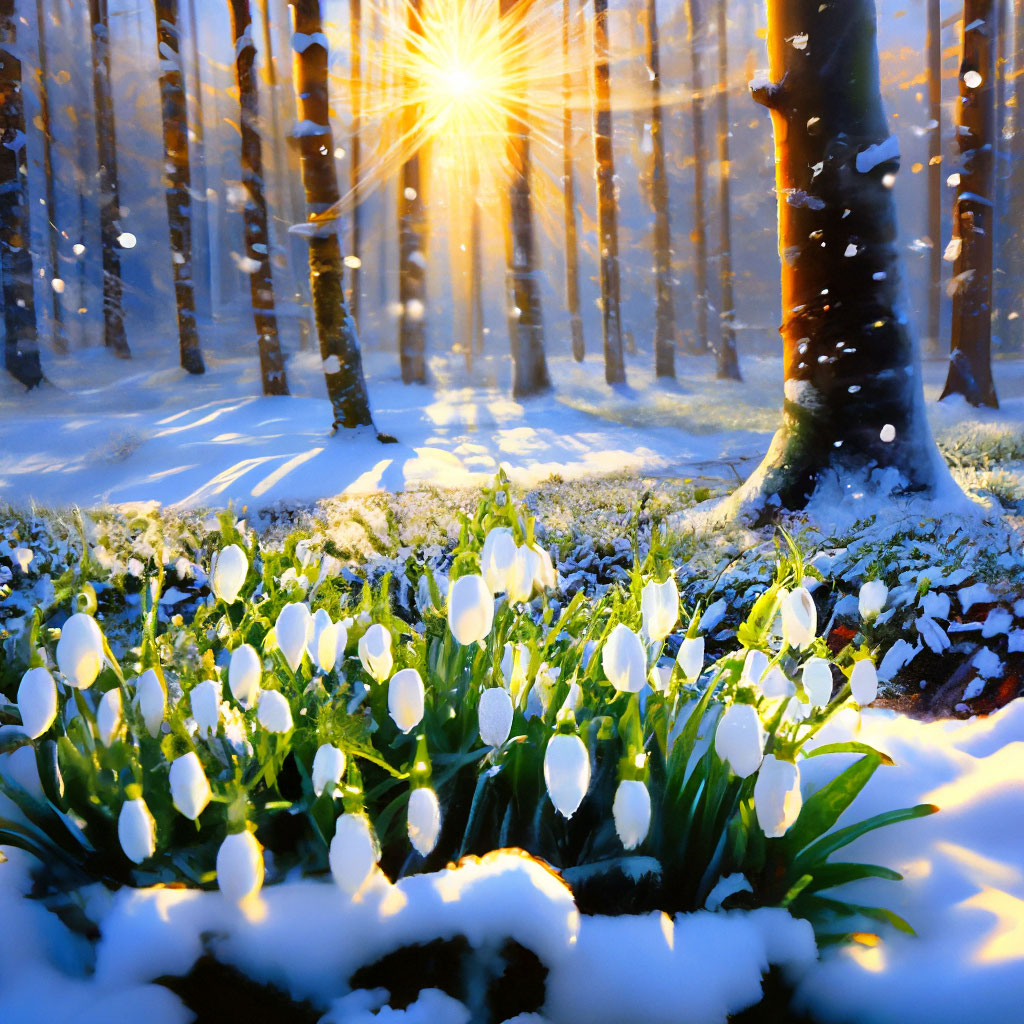 "Snowdrops forest glade sparkling snow" — image created in Shedevrum