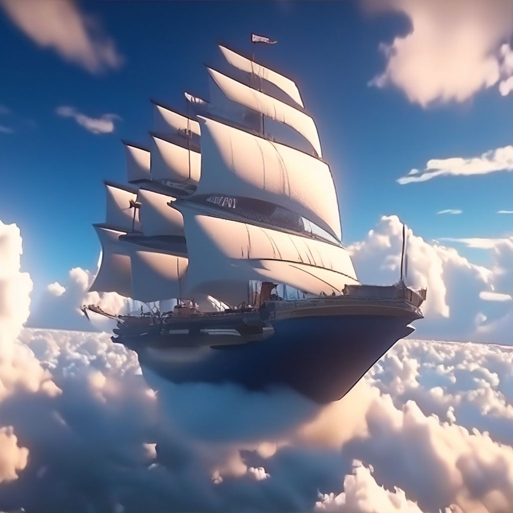 "Flying ship on the background of a beautiful sky, big clouds around ...