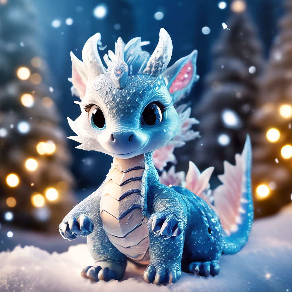 "Cute dragon symbol of the year stands at the decorated Christmas tree ...