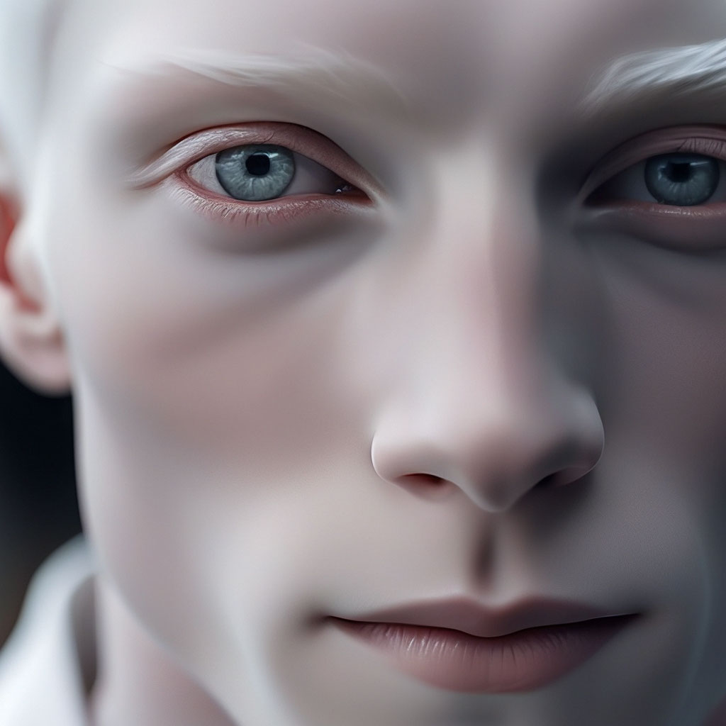 "Albino man, white skin, white hair, white eyebrows, white eyelashes ...