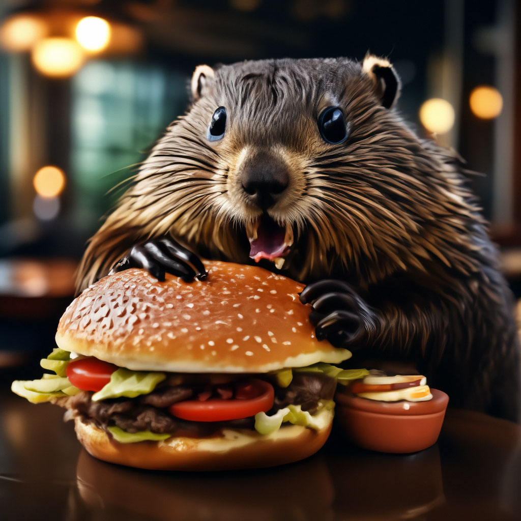 "Beaver eats a burger" — image created in Shedevrum