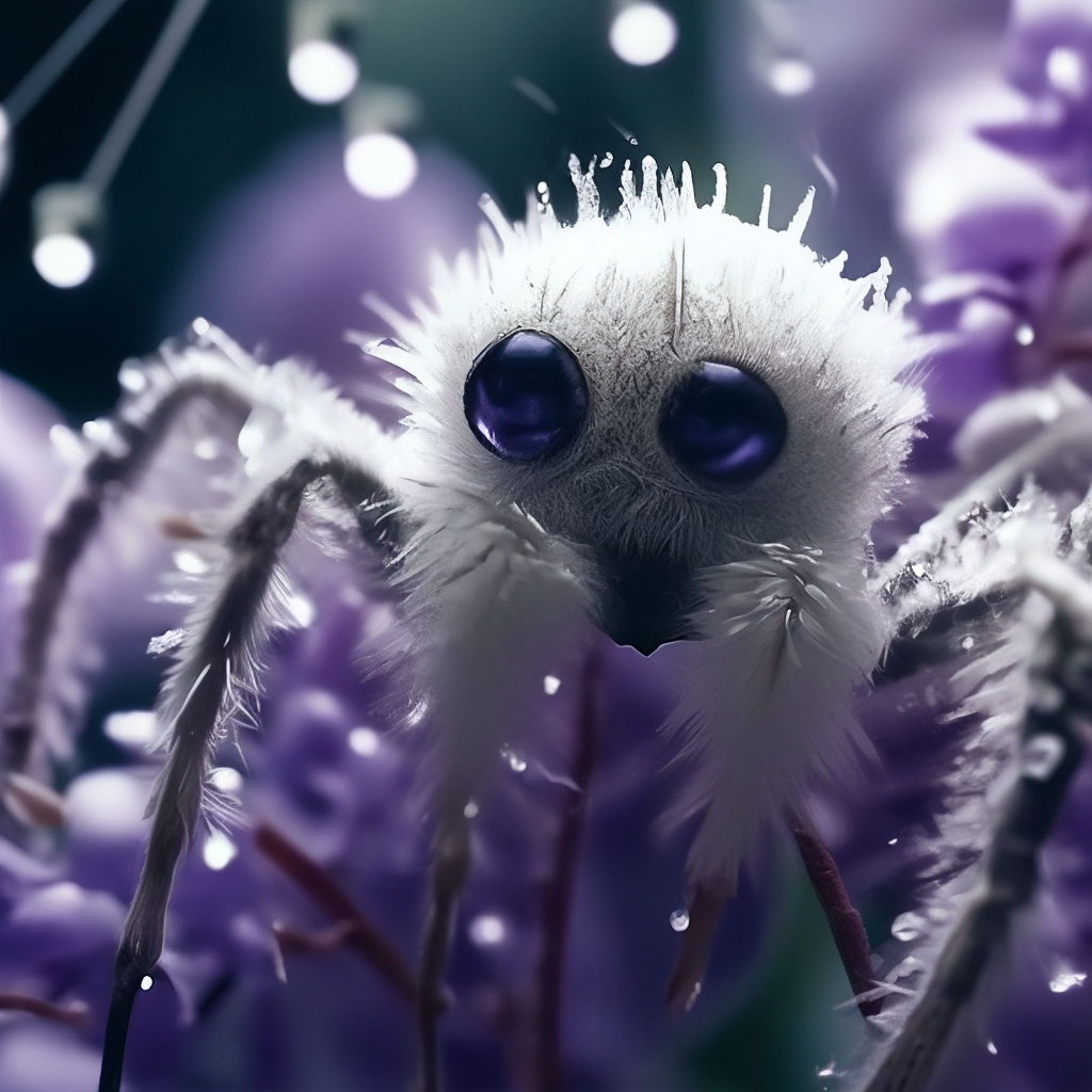 "A hybrid wisteria, wisteria + a furry white spider flies on a spider ...