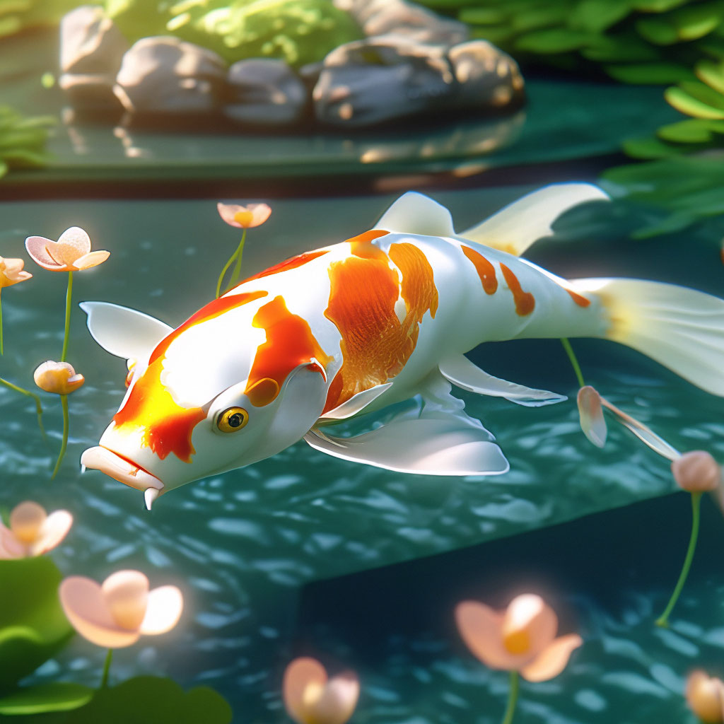 "Japanese koi carp with golden eyes, on a background of greenery, in a ...