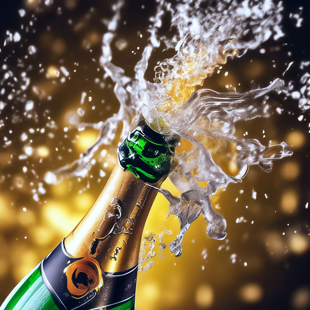 "A bottle of opening champagne, (( the cork flies out of the bottle in ...