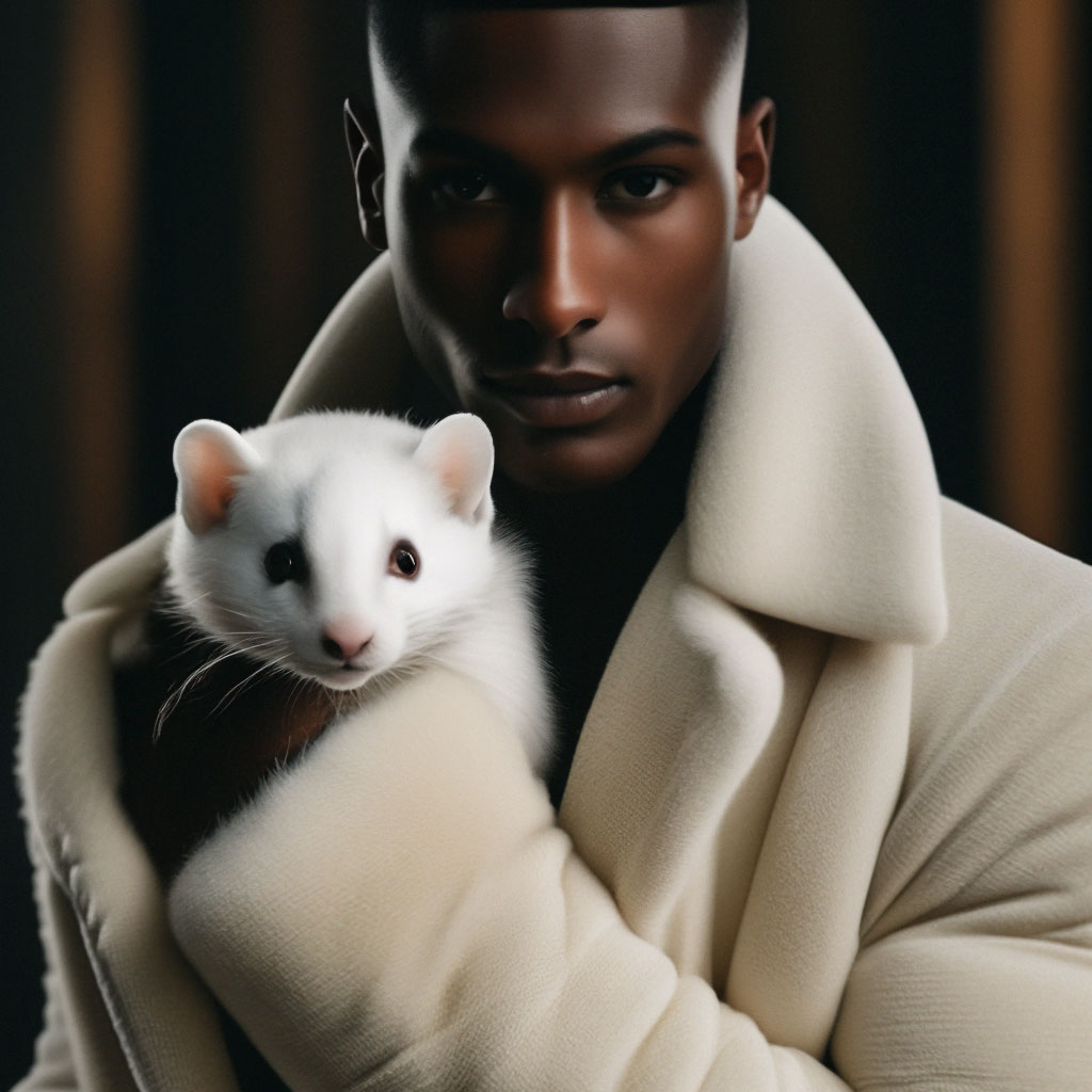 "A snow-white mink in the hands of a dark-skinned young man with a ...