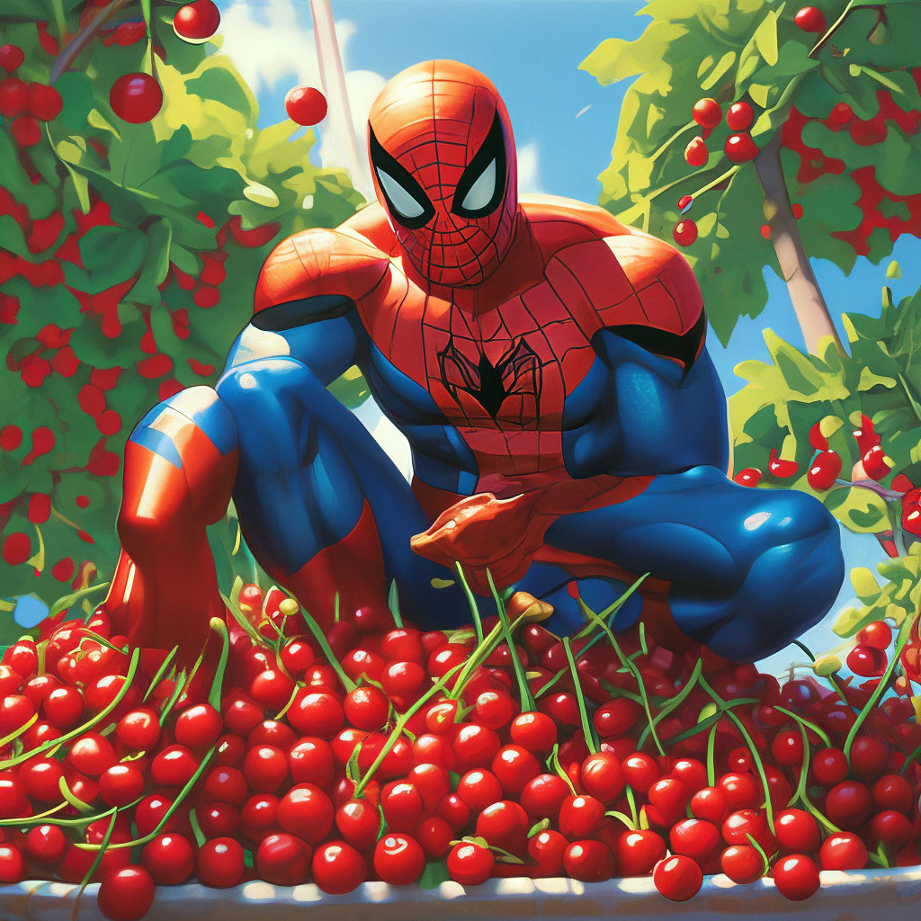 "Spider-man collects cherries" — image created in Shedevrum
