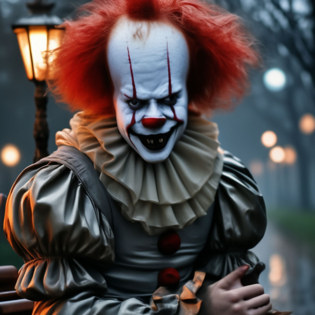 "Hyperrealism, night park clown from the movie it, rain, lanterns ...