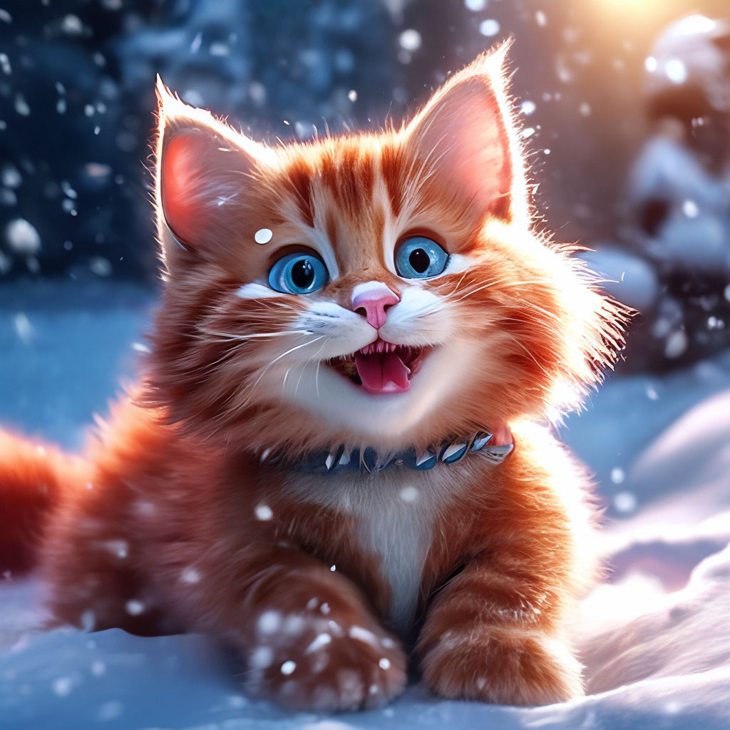 "Beautiful fluffy,red cat in winter,playing with a snowball, smiling ...