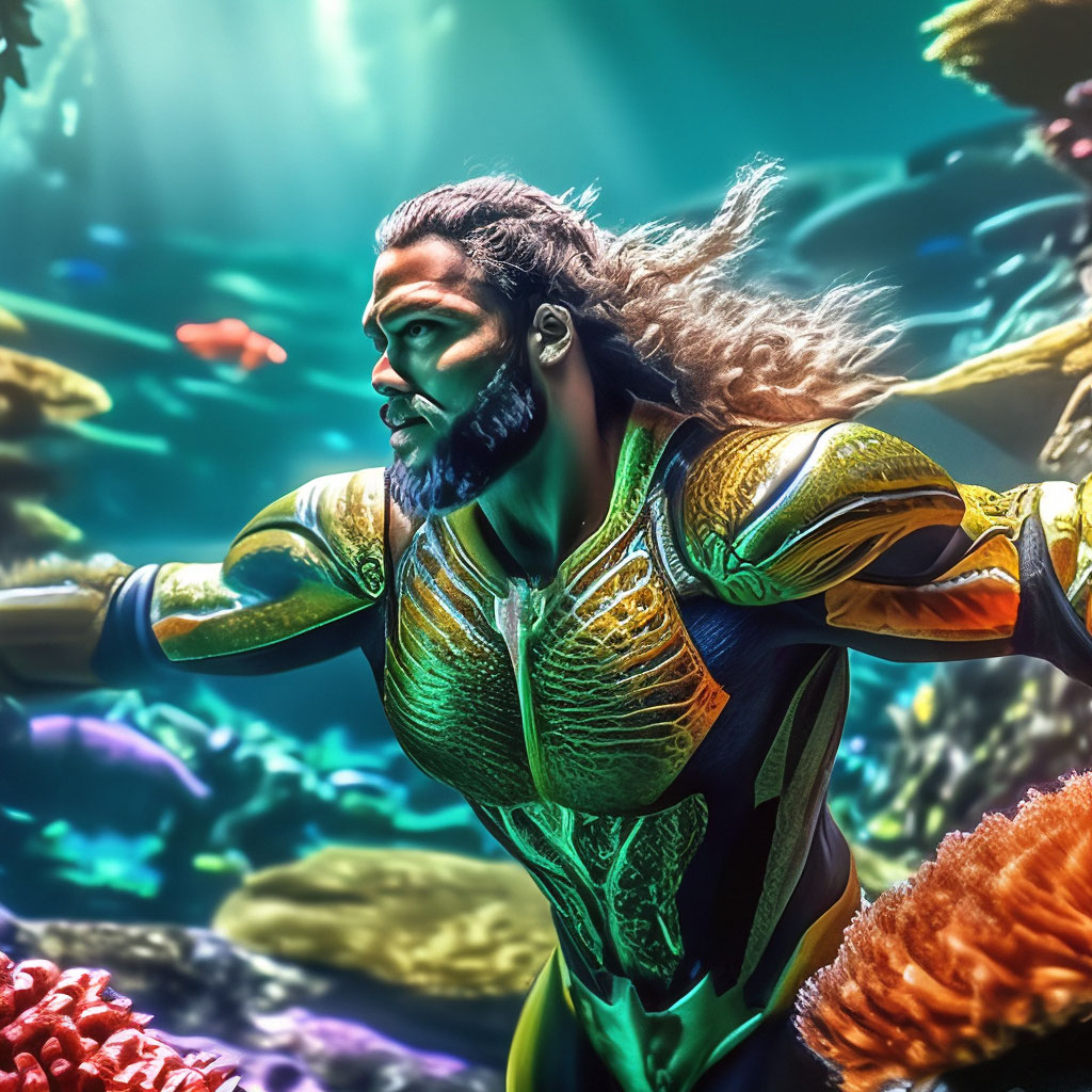 "Aquaman, in the water column close-up, gorgeous underwater world ...