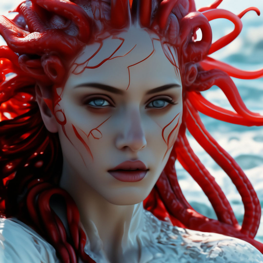 "Sea Nymph, Mermaid Sur, red on white, grotesque, psychedelic, octopus ...