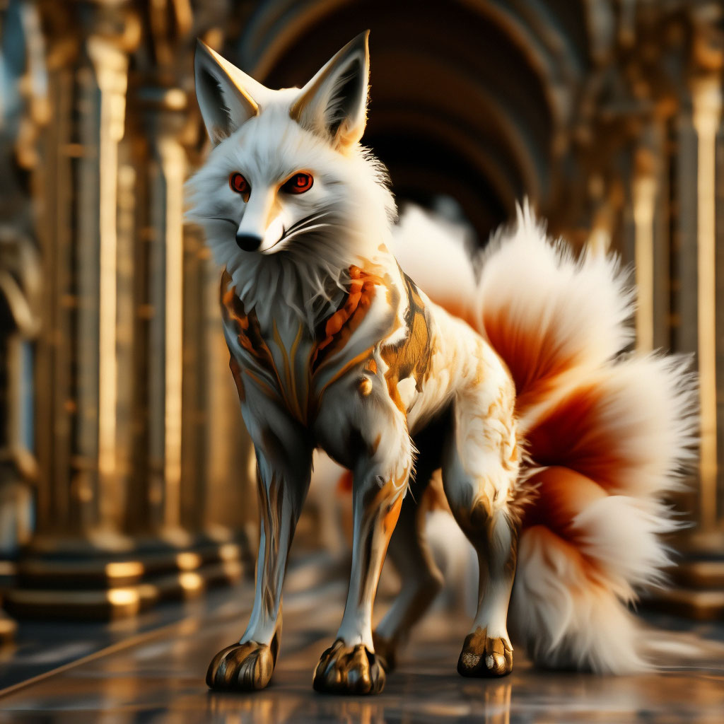 "A beautiful nine-tailed fox stands tall, paws on a ball of fractals ...