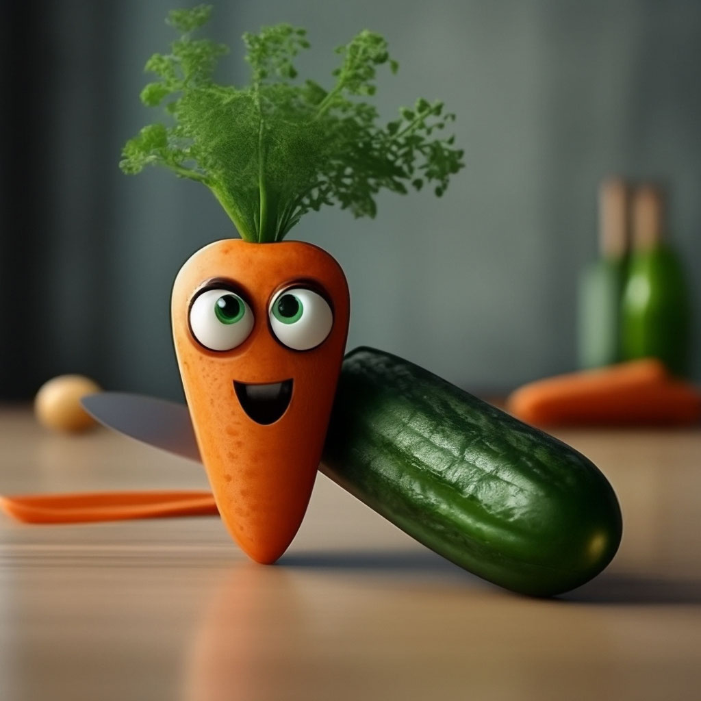 "Funny bug-eyed carrot hugs a sad cucumber that they want to eat. knife ...