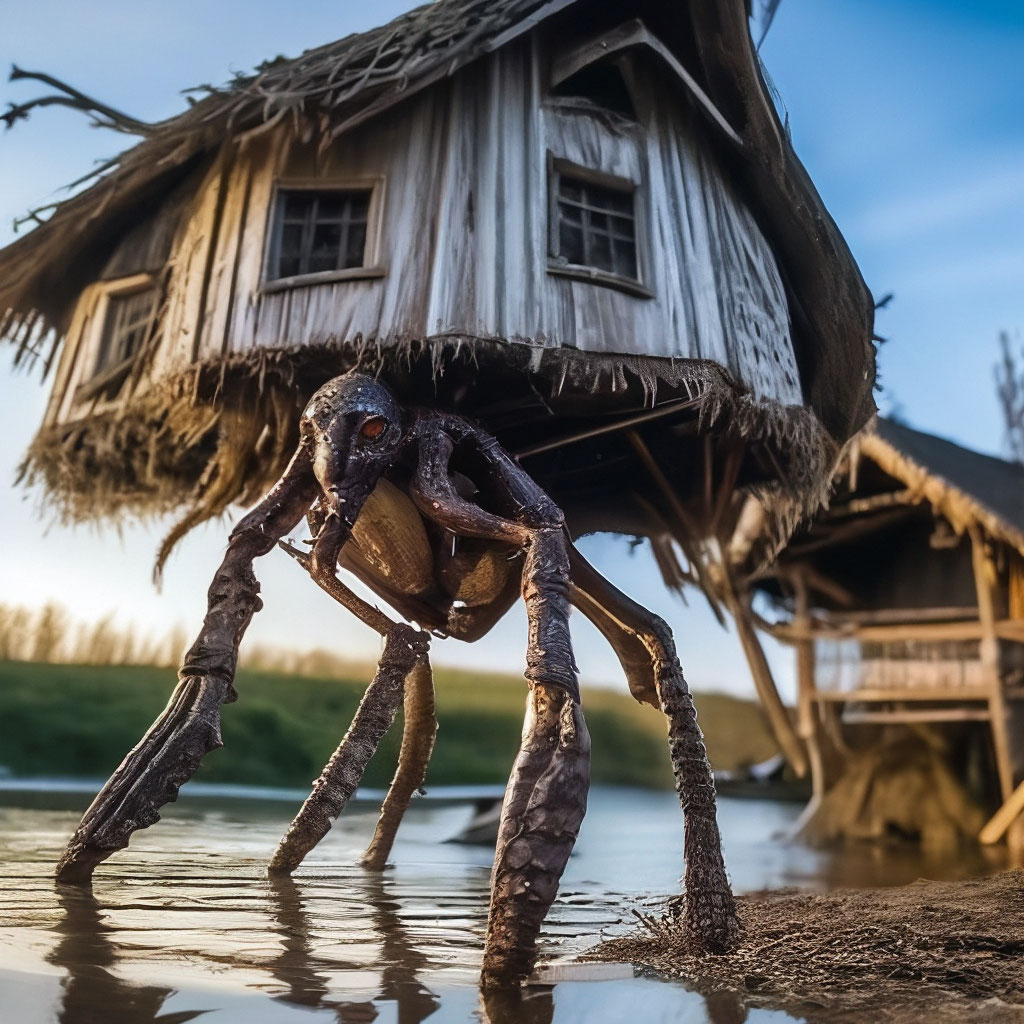 "A hut on legs, on the threshold there is a nasty old alien skinny ...