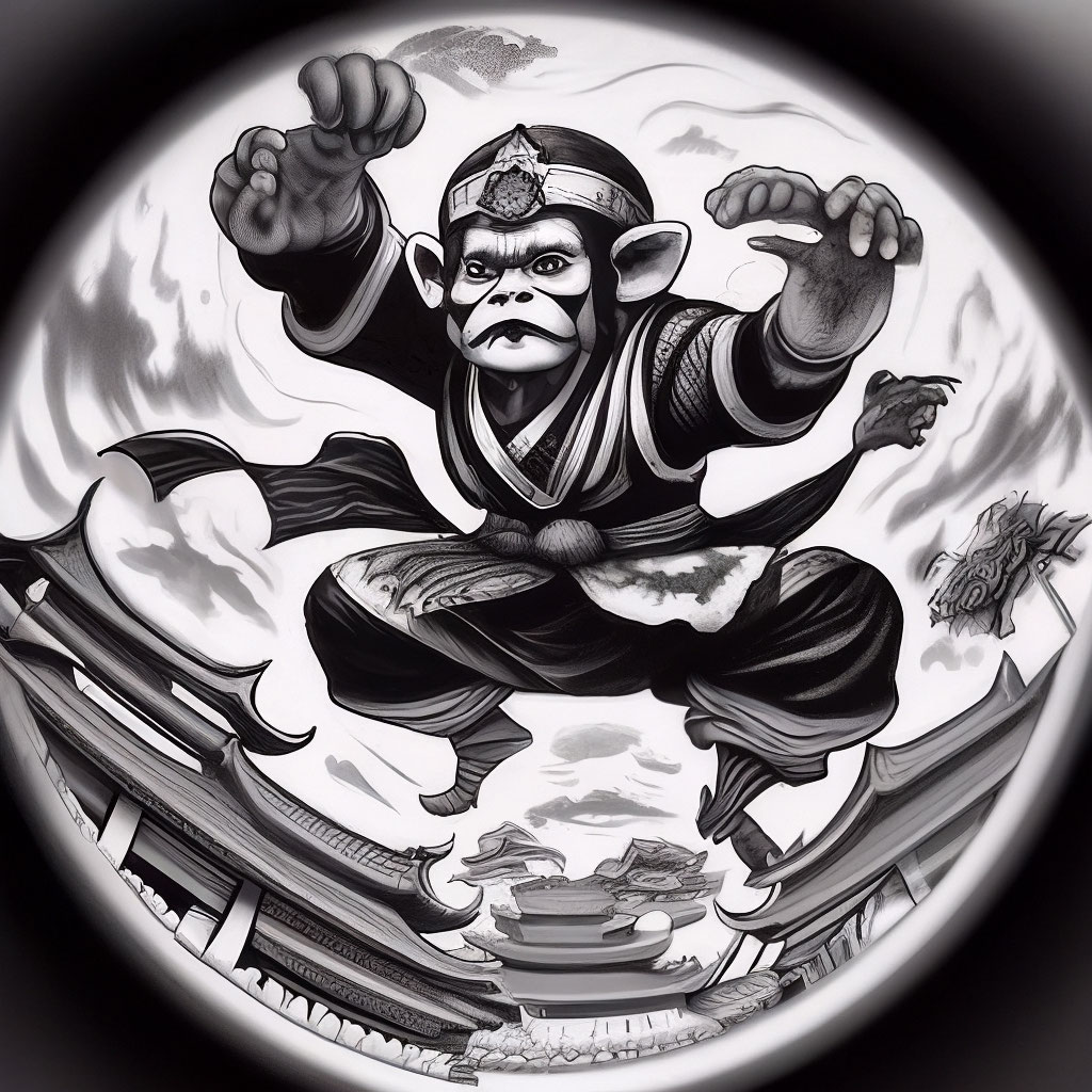 "Sketch for tattoo monkey king jumping kung fu black and white tones ...