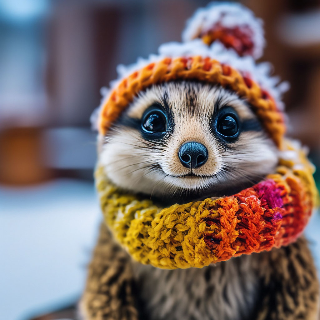 "Cute meerkat in a knitted hat and scarf came to Russia, winter, focus ...