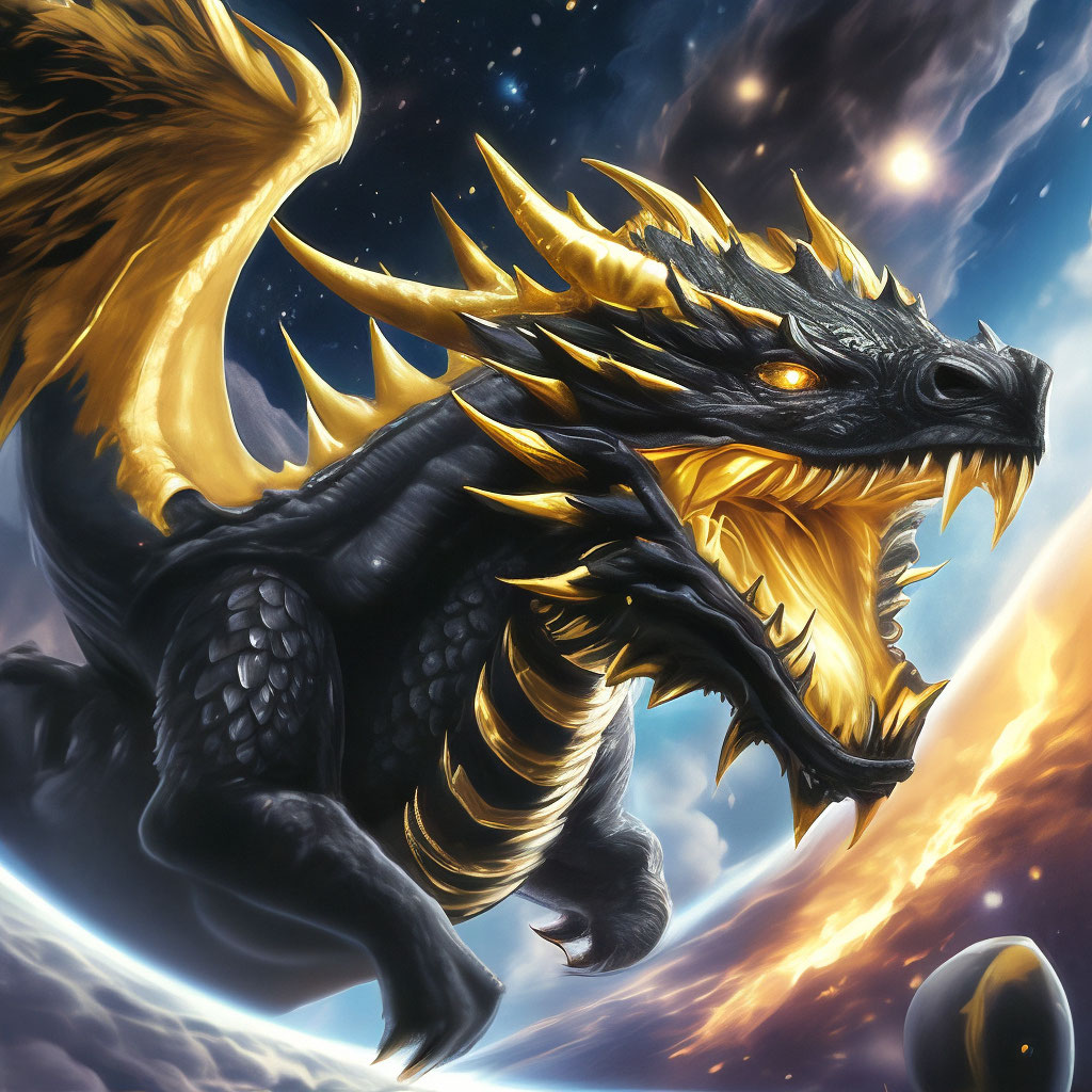 "A black dragon with a golden pattern, flying in space, eating planets ...