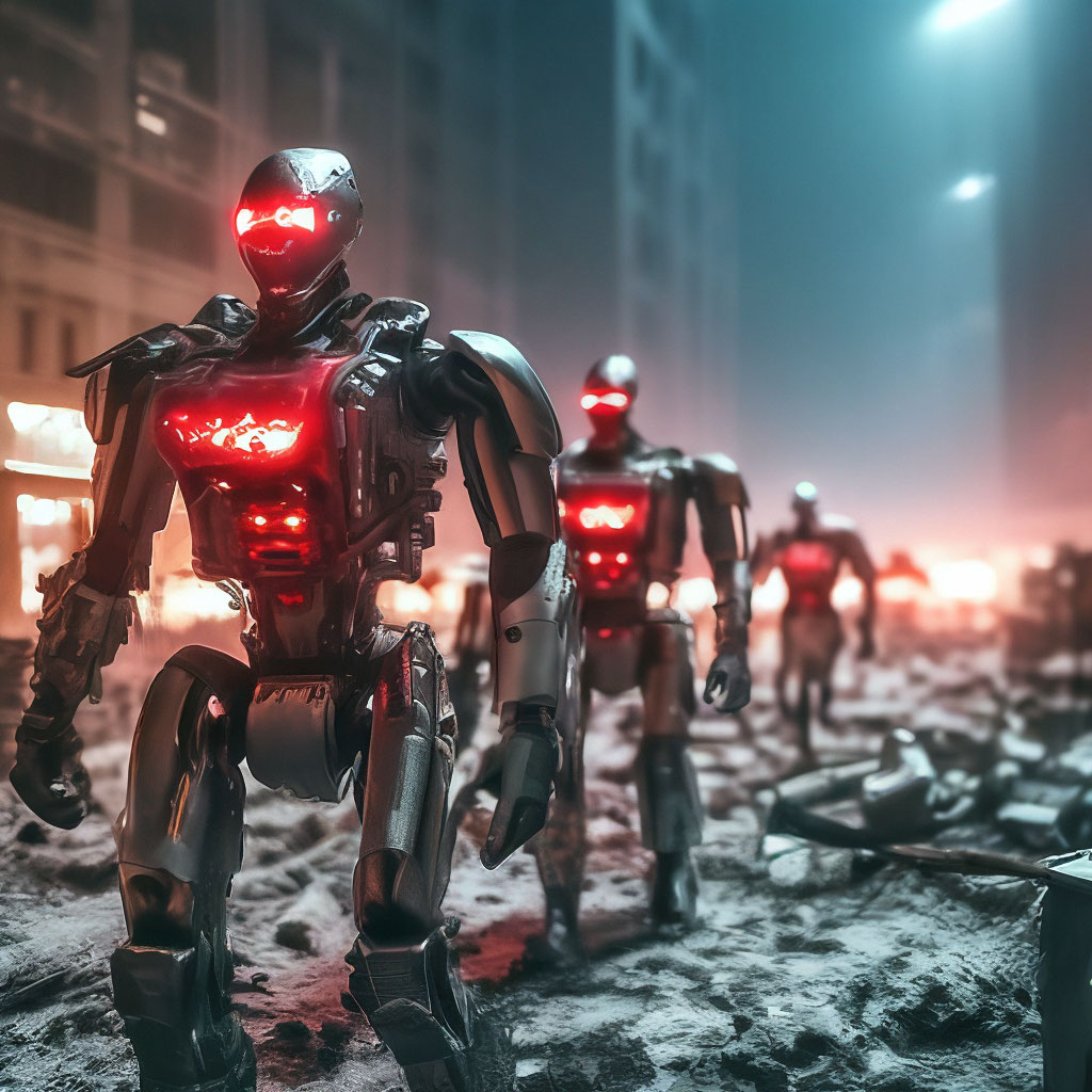 "Night. Skynet captures the world, T-800 iron robots with red eyes and ...