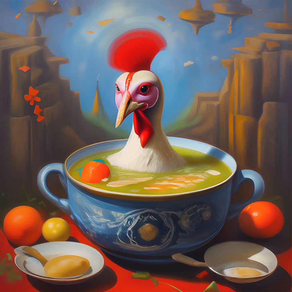 "A thinking turkey in soup." — image created in Shedevrum
