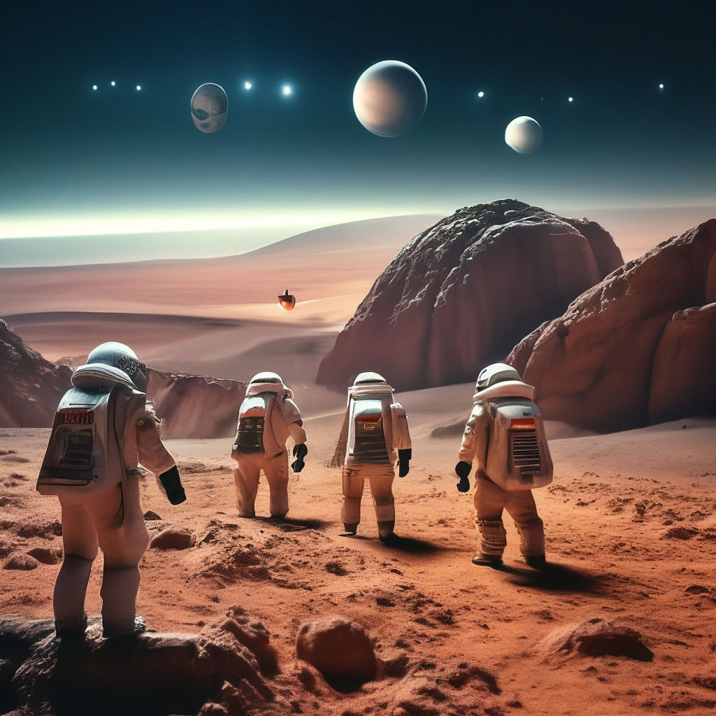 "The first space explorers on mars, the night, the cosmic landscape and ...