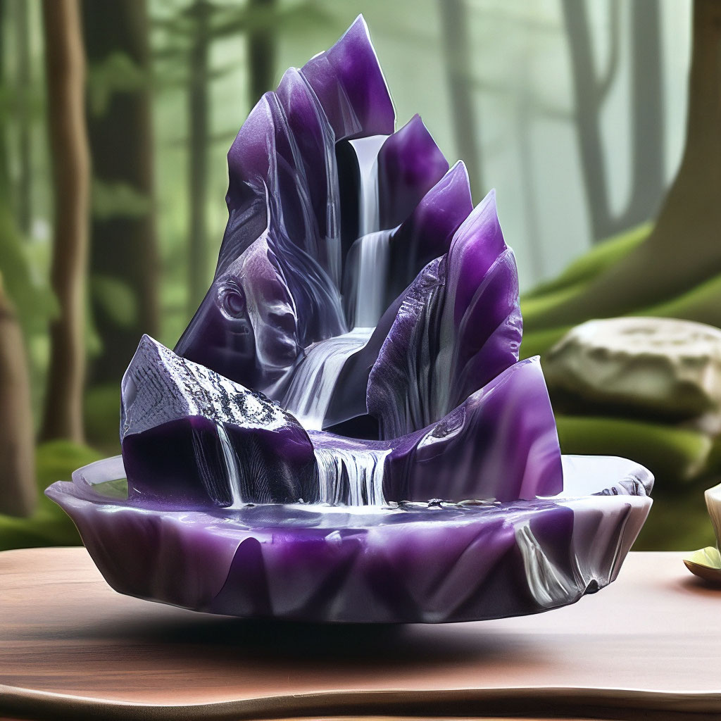 "Amethyst waterfall, water flows over amethyst stones, on a large ...