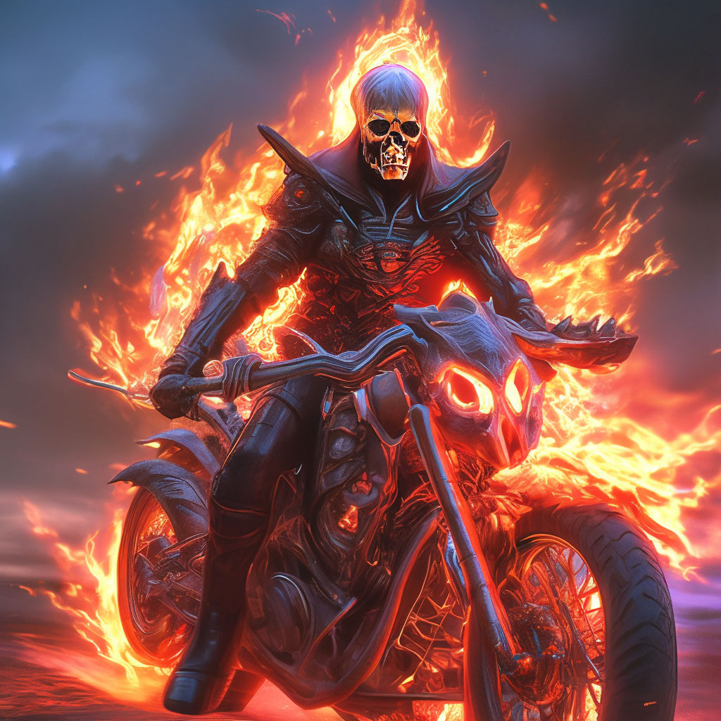 "Ghost rider with a skull,cyberpunk,powerful,translucent,red flame,full ...