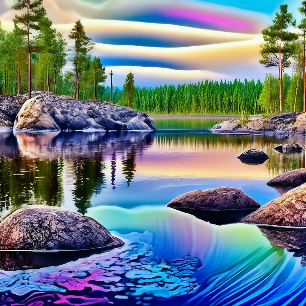 "Alcohol ink with drawing,Lake Ladoga,huge smooth boulders,forest ...