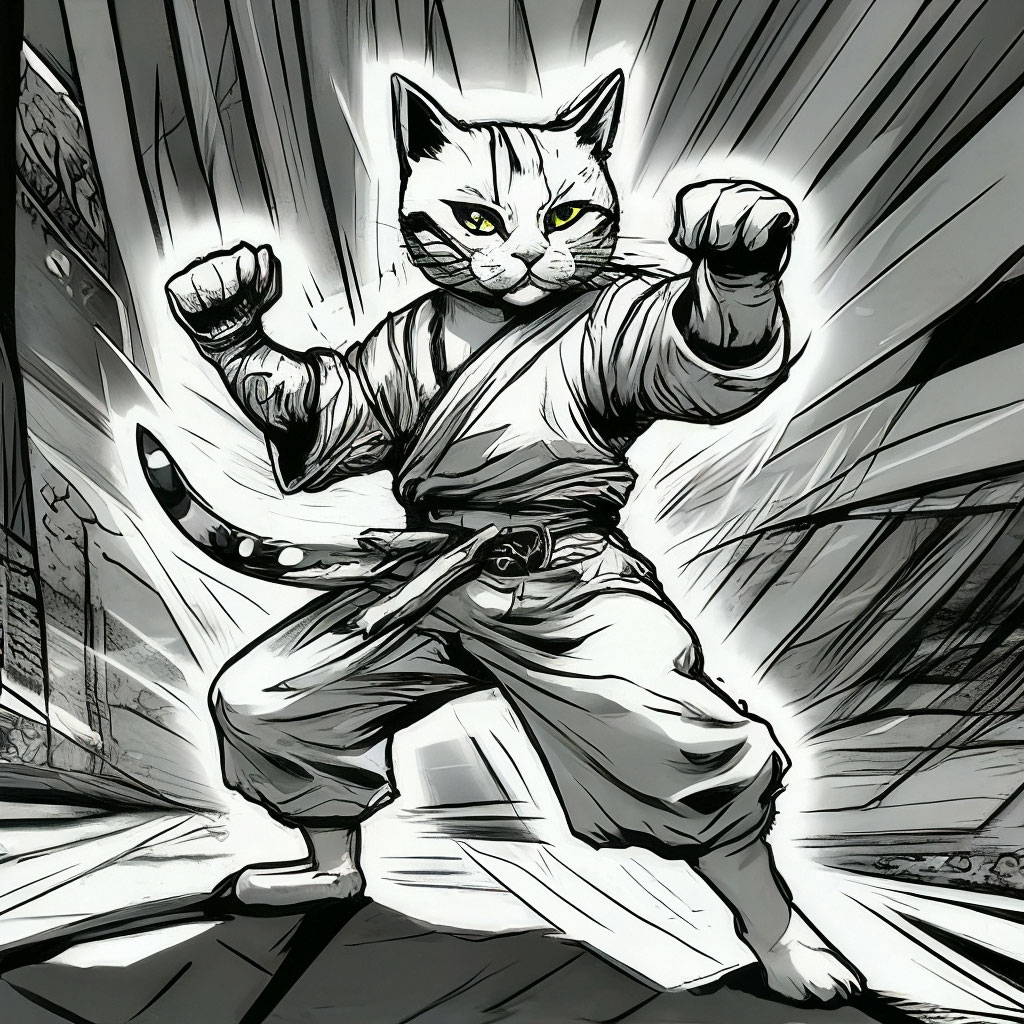 "A cat in a BruceLee-style fighting stance, comic sketch illustration ...