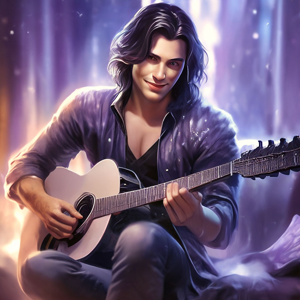 "Handsome guy, long dark hair, charming smile, sly look, black shirt ...