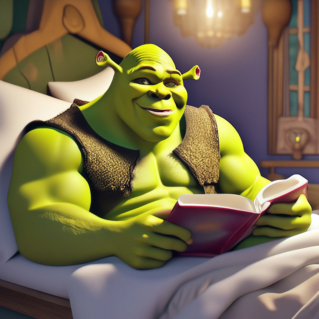 "Muscular Shrek is lying in bed with a grin and reading a fairy tale ...