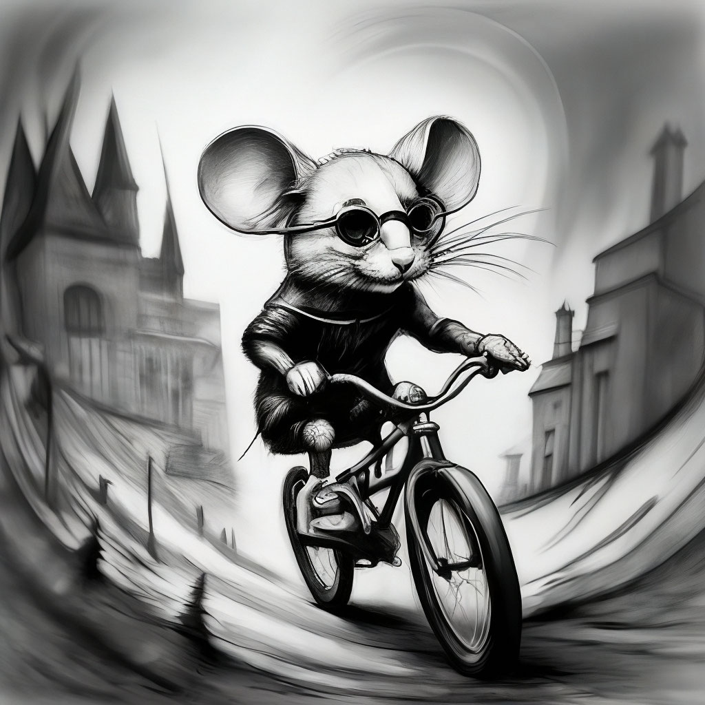 "Bald mouse with black glasses on his nose, riding a bicycle, ink ...