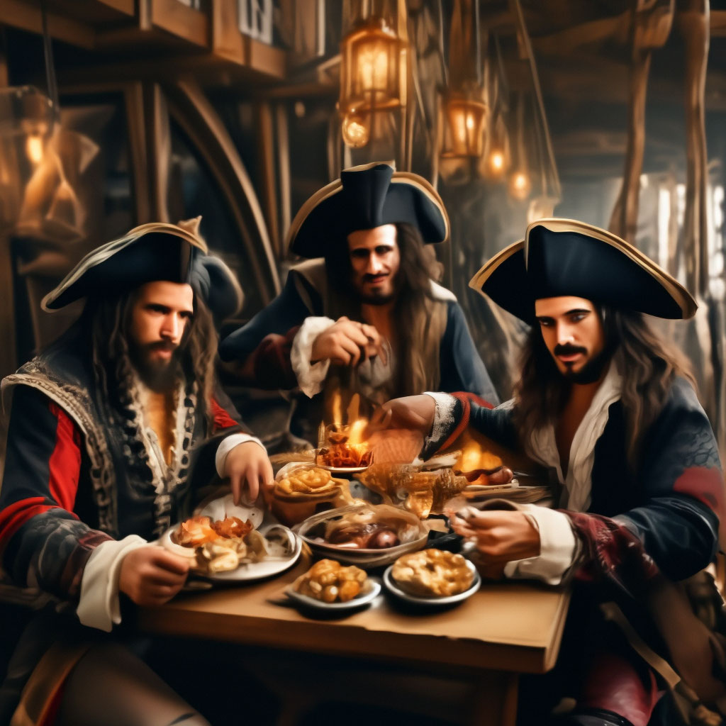 "A merry feast of pirates in the hold of the ship." — image created in ...