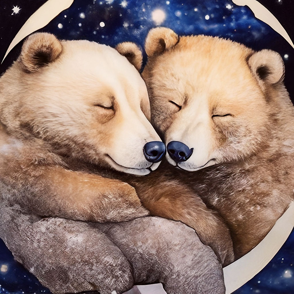 "Goodnight! Two brown and white bears closed their eyes, curled up like ...