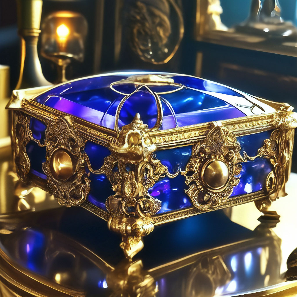 "A sapphire box. carved elegant. on the golden table. there's a light ...