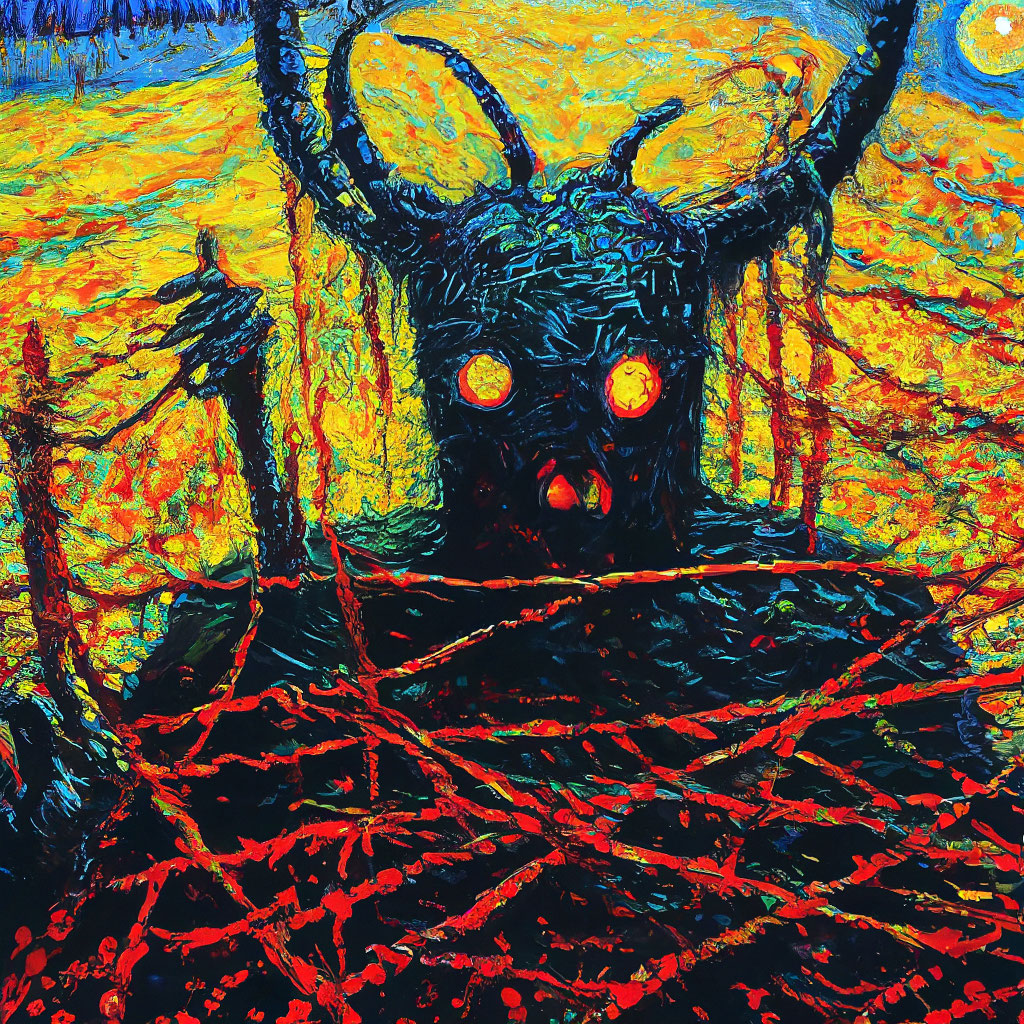 "さようなら、私の友人、すぐに私は死ぬので、in the style of van Gogh, darkness, scary, dark ...