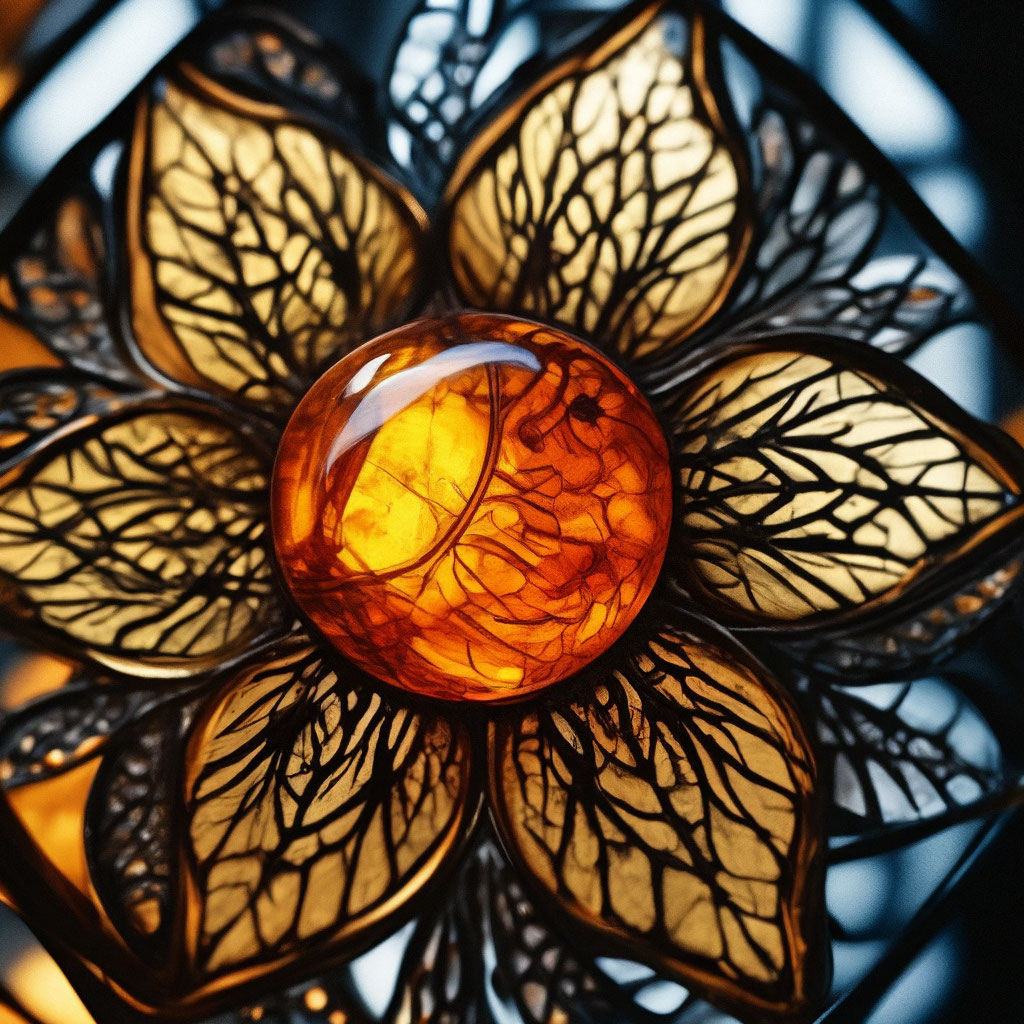 "Large amber inside laser engraving in the form of a moon flower, close ...