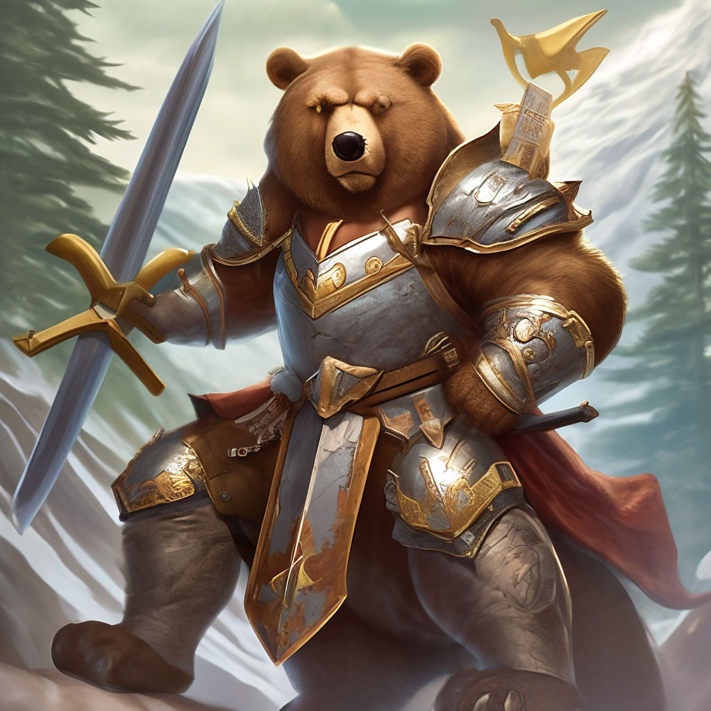 "An anthropomorphic, Muscular, brown bear in armor with a sword on a ...