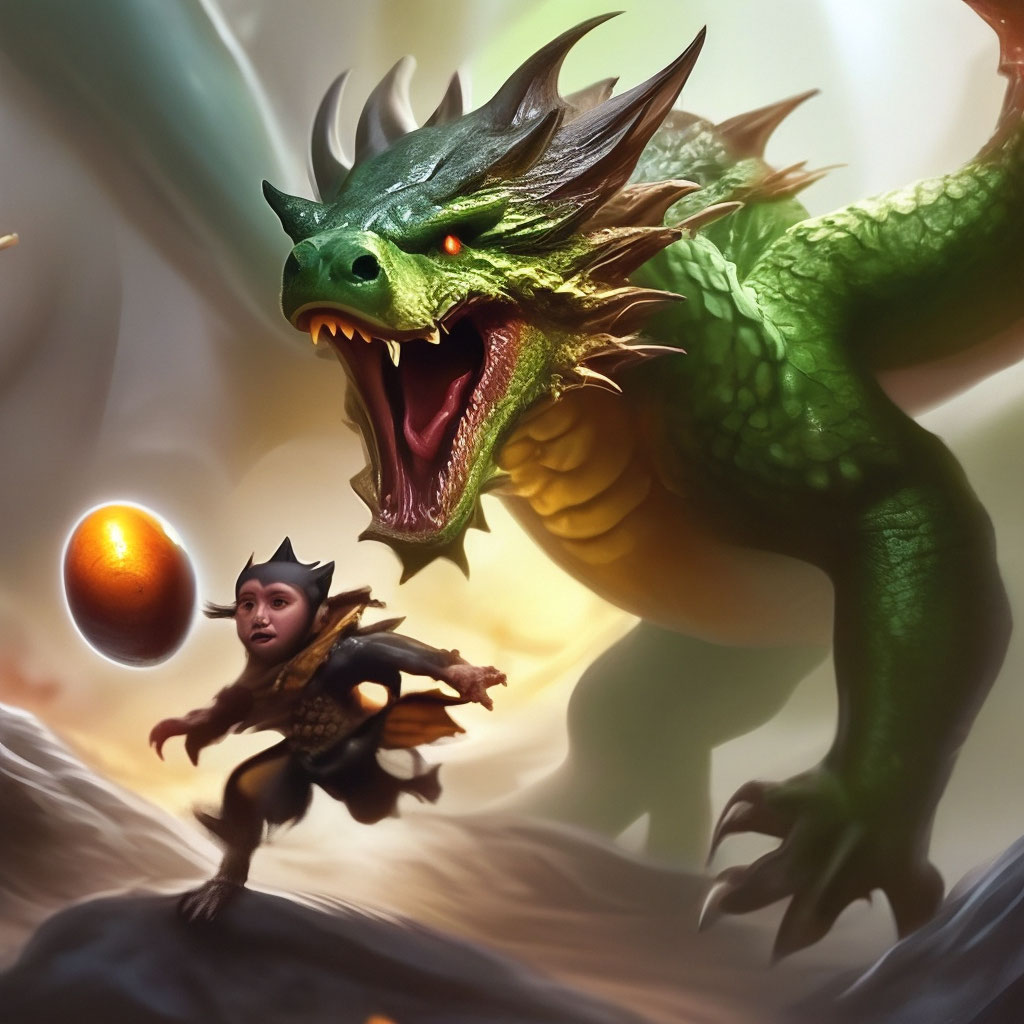 "An enraged dragon is chasing a goblin who stole an egg, realistic ...