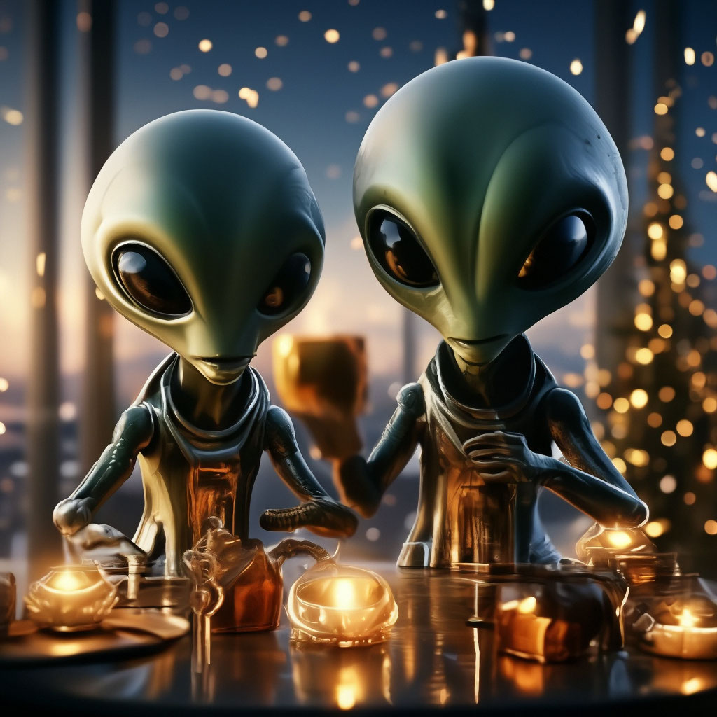 "Aliens celebrate the new Year" — image created in Shedevrum