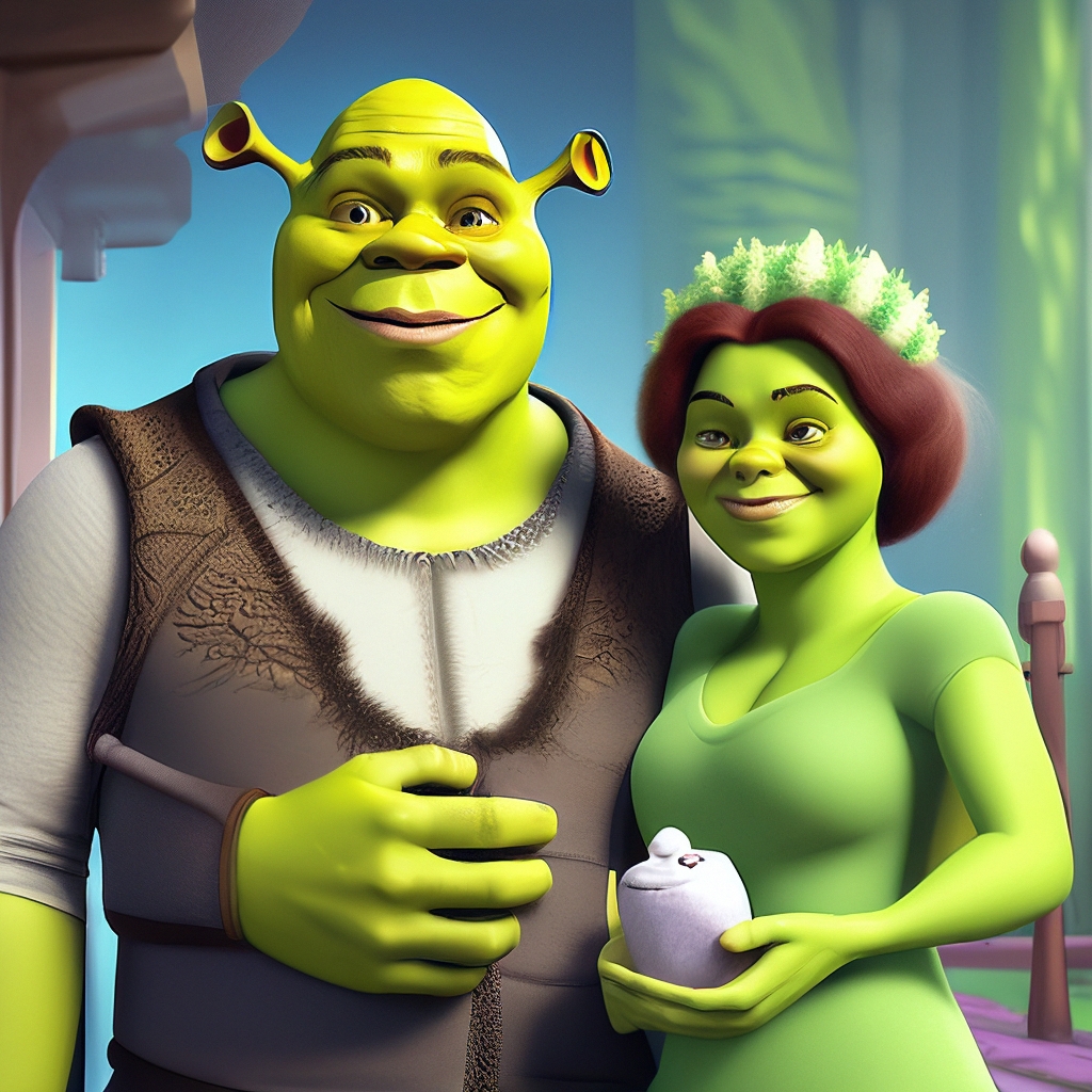 "Shrek with his wife" — image created in Shedevrum