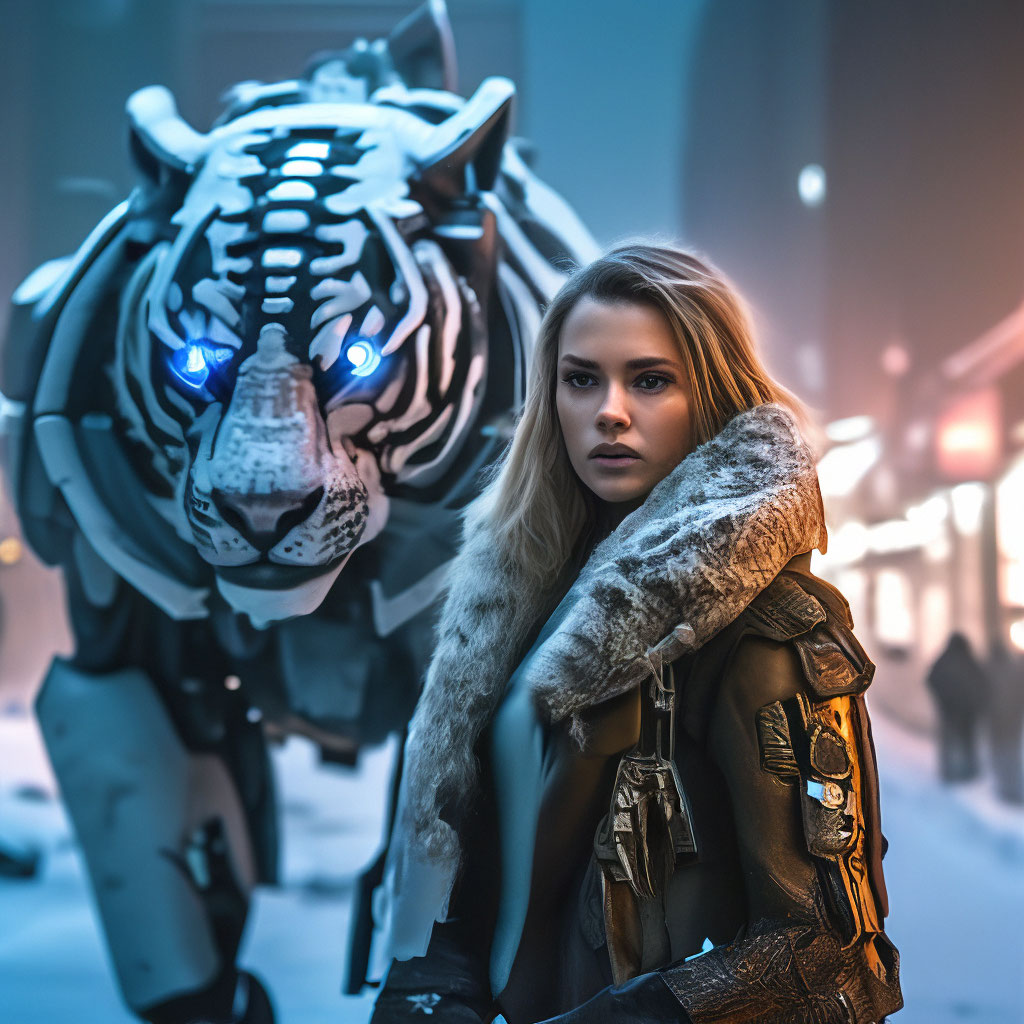 "A beautiful cyberpunk girl transformer warrior stands on the winter ...