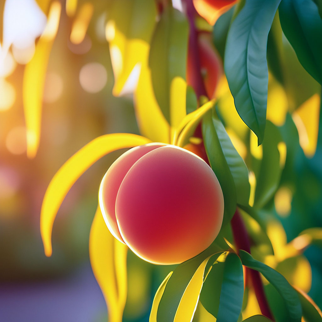 "Beautiful peach hanging on a tree with bright yellow leaves, morning ...